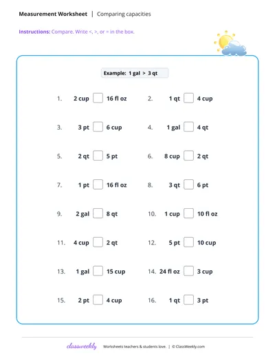 Free 4th Grade Math: Comparing capacities Worksheet | ClassWeekly