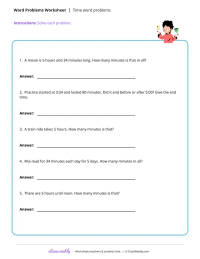 Free 4th Grade Math: Time word problems Worksheet | ClassWeekly