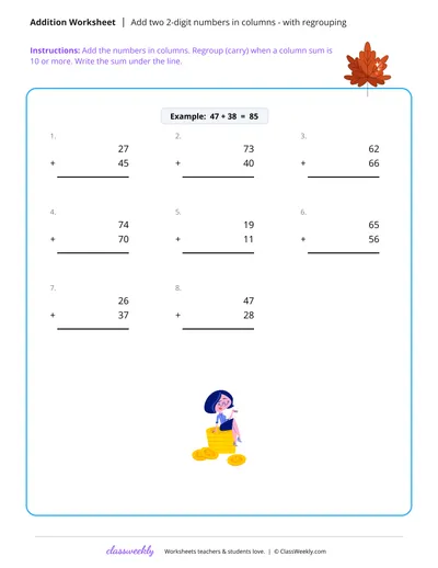 Free 2nd Grade Math: Add two 2-digit numbers in columns | ClassWeekly