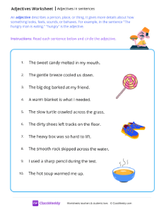 Adjectives in sentences Worksheets for 1st Grade | Free Printable PDFs ...