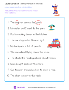 Identify the nouns in sentences - Dog - Free Printable 1st Grade ...