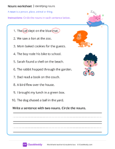 Identifying nouns - Cat - Free Printable 1st Grade Grammar Worksheet ...