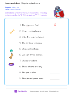 Singular vs plural nouns - Knight - Free 1st Grade Grammar Worksheet ...