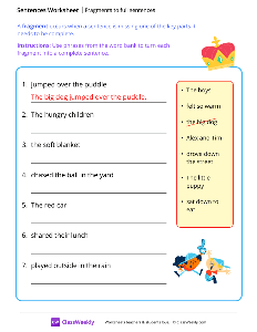 Fragments to full sentences - Crown - Free Printable 2nd Grade Grammar ...