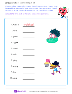 Verbs ending in 'ed' Worksheets for Kindergarten | Free Printable PDFs ...