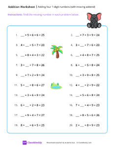 Adding 4 numbers with missing addend Worksheets for 1st Grade | Free ...