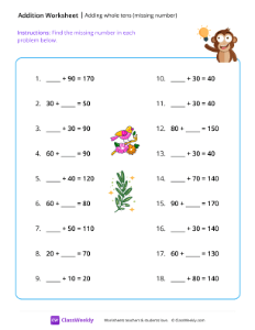 Adding whole tens (missing number) Worksheets for 3rd Grade | Free ...