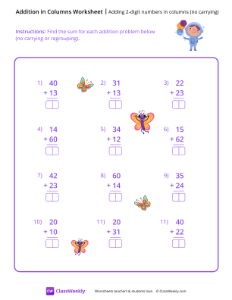 Adding 2-digit numbers in columns (no carrying) Worksheets for ...