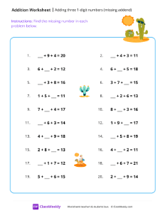 Adding three 1-digit numbers (missing addend) Worksheets for 1st Grade ...