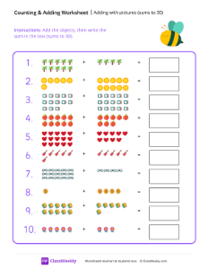 Adding with pictures (sums to 30) - Bee - Free Printable 1st Grade Math ...