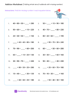 Adding whole tens (4 addends with missing number) Worksheets for 1st ...