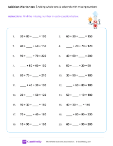 Adding whole tens (3 addends with missing number) Worksheets for 2nd ...