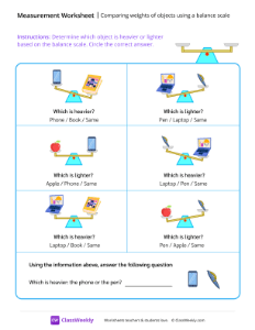 Comparing weights of objects using a balance scale Worksheets for 1st ...