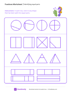 Identifying Equal Parts - Sea Horse - Free Printable 1st Grade Math ...