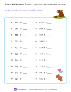 Subtract 1-digit from a 3-digit number (with regrouping) Worksheets for ...
