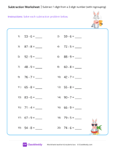 Subtract 1-digit from a 2-digit number (with regrouping) Worksheets for ...