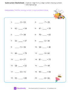 Subtract 1-digit from a 2-digit number (missing numbers with regrouping ...