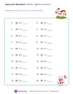 Subtract 1-digit from a whole ten Worksheets for 1st Grade | Free ...