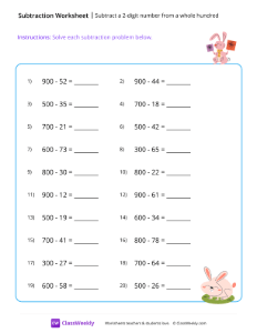 Subtract a 2-digit number from a whole hundred Worksheets | 1st Grade ...