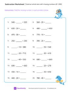 Subtract whole tens with missing numbers (0-1,000) Worksheets for 1st ...