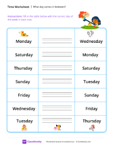 What day comes in between? Worksheets | 1st Grade Telling Time ...