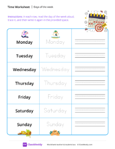 Days of the week - Calendar - Free 1st Grade Math Worksheet | ClassWeekly