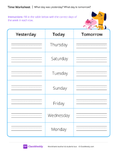 Yesterday and Tomorrow - Pets - Free 1st Grade Math Worksheet | ClassWeekly