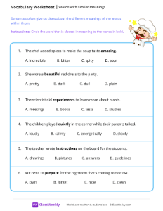 Words with similar meanings - Chef - Free Printable 2nd Grade Reading ...