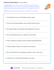 Comma Splices - Chess Cat - Free Printable 4th Grade Grammar Worksheet ...