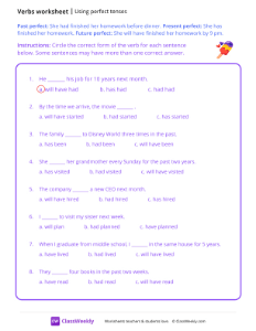 Using Perfect Tenses Worksheets for 4th Grade | Free Printable PDFs ...