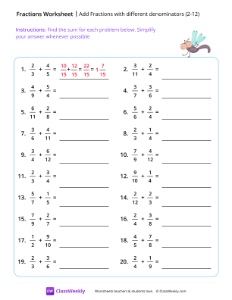 Add Fractions with different denominators (2-12) - Dragonfly - Free ...