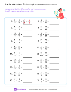 Subtracting fractions (same denominators) Worksheets for 4th Grade ...