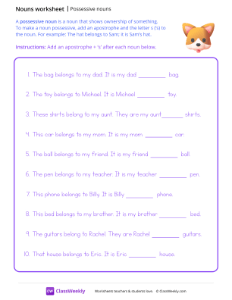 Possessive Nouns - Fox - Free Kindergarten Grammar Worksheet | ClassWeekly