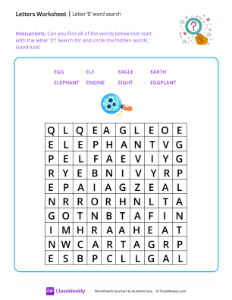 Letter E word search - Magnifying Glass - Free Printable 1st Grade ...