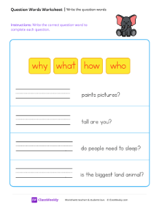 Write the question words - Elephant - Free Printable 1st Grade Grammar ...