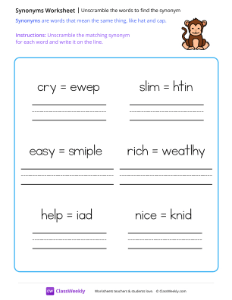 Unscramble the words to find the synonym Worksheets for 1st Grade ...