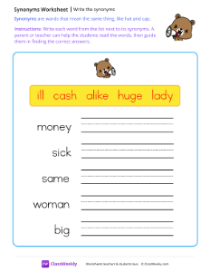 Write the synonyms - Mr. Bear - Free Printable 1st Grade Grammar ...