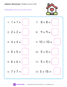 Addition (sums to 20) - House - Free Kindergarten Math Worksheet ...