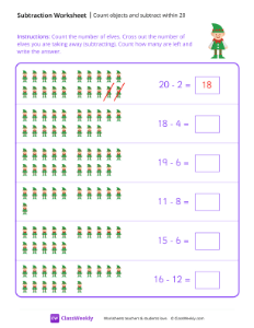 Count objects and subtract within 20 Worksheets for Kindergarten | Free ...