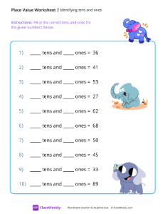 Identifying Tens and Ones - Elephant - Free Printable 1st Grade Math ...