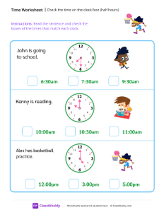 Check the time on the clock face (half hours) Worksheets for ...