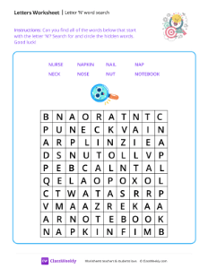 Letter N word search Worksheets | Kindergarten Blends & Digraphs ...