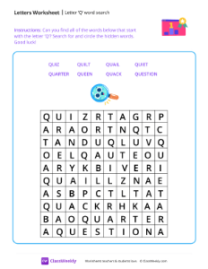 Letter Q word search - First Place - Free Printable 1st Grade Reading ...