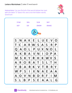 Letter S word search - Pink Jacket - Free Printable 1st Grade Reading ...