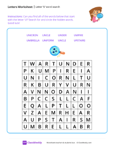 Letter U word search - Lost - Free Printable 1st Grade Reading ...