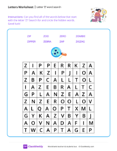 Letter Z word search Worksheets for Kindergarten | Free Printable PDFs ...