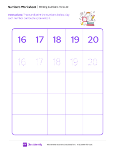 Writing numbers 16 to 20 - Zoom - Free Kindergarten Math Worksheet ...