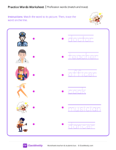Profession words (match and trace) - Chef - Free Printable Kindergarten ...