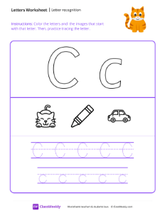Letter Recognition (C) - Cat - Free Pre-K Reading Worksheet | ClassWeekly