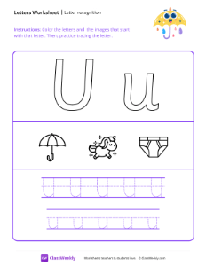 Letter Recognition (U) - Umbrella - Free Printable Kindergarten Reading ...